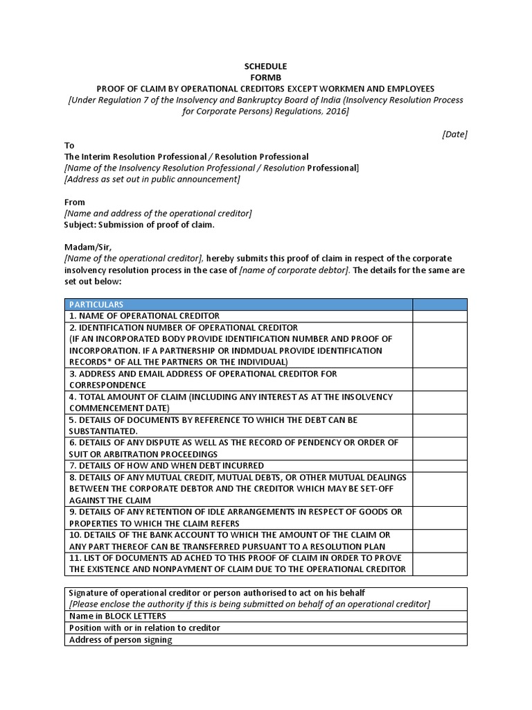Form B Proof of Claim by Operational Creditors Except Workmen and Employees | PDF | Bankruptcy ...