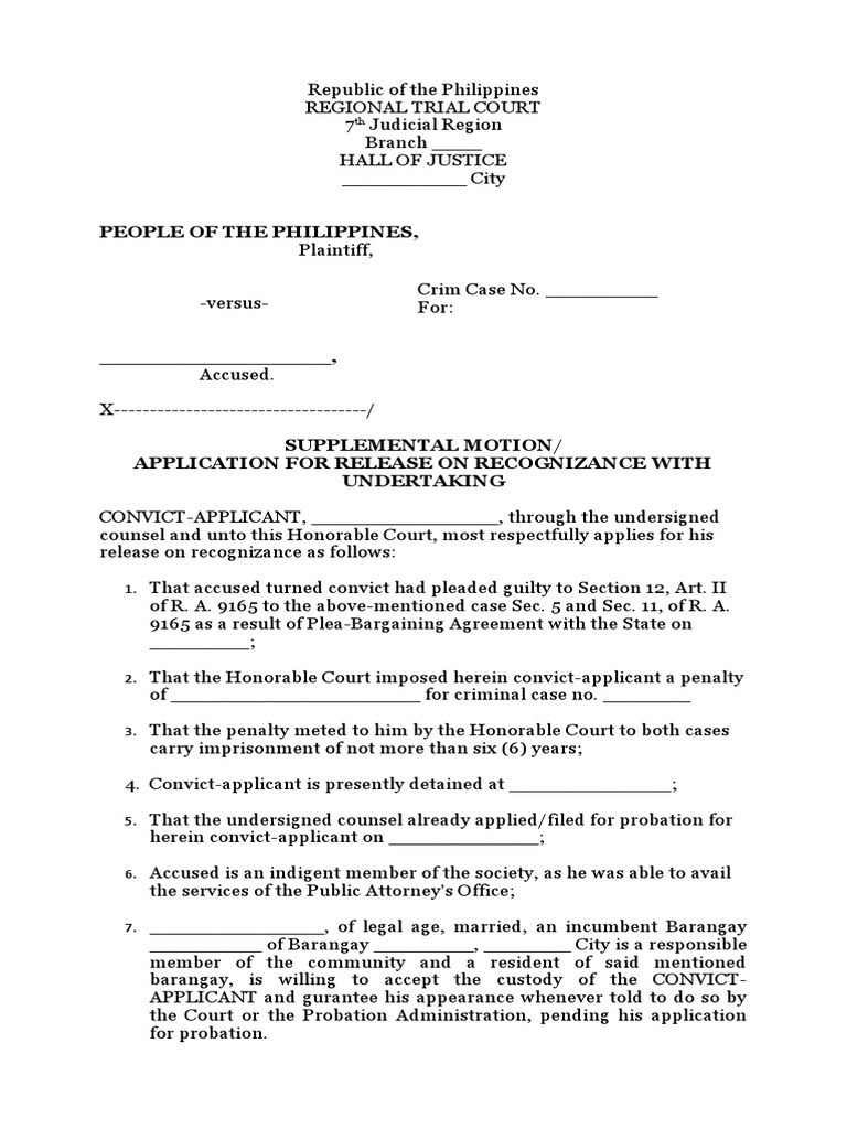 Supplemental Motion for Release on Recognizance | PDF | Probation | Plea Bargain