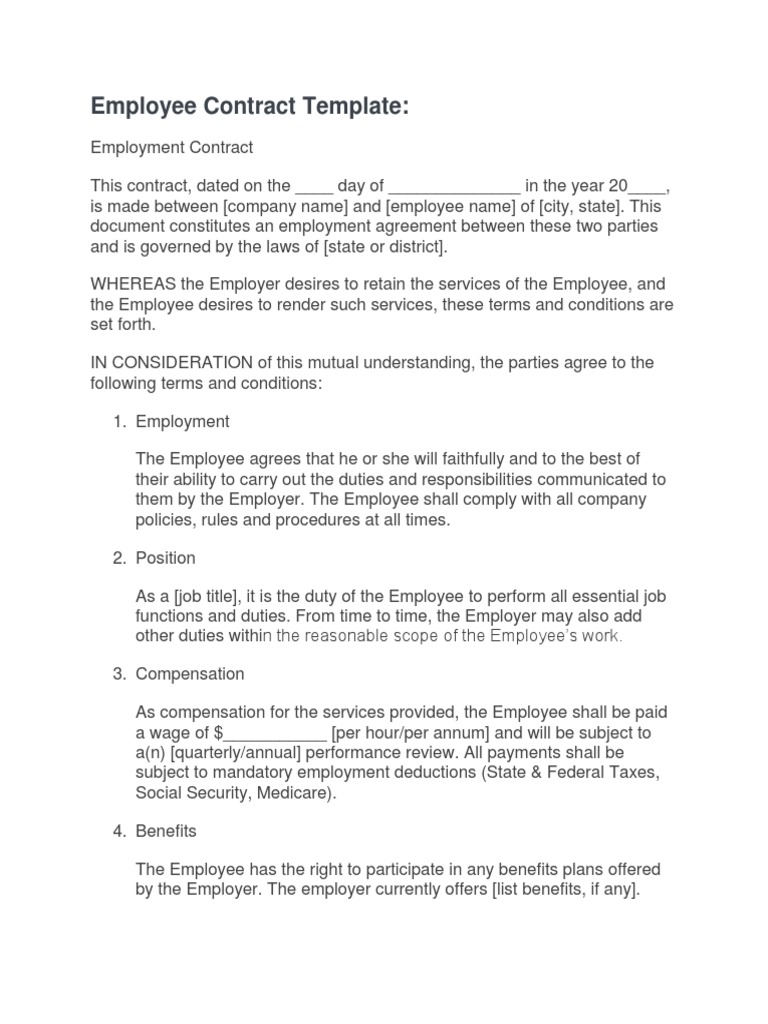 Employee Contract Template | PDF | Employment | Common Law