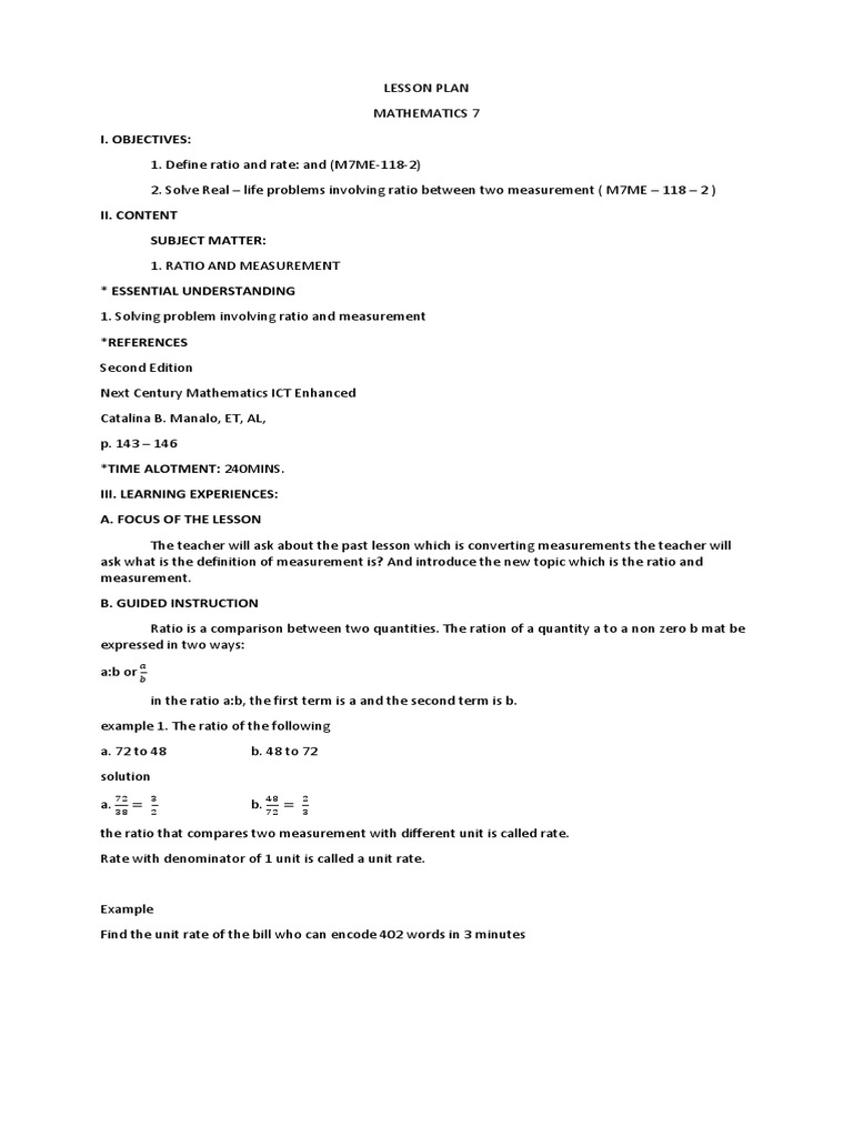 Grade 7 Math Lesson Plan: Ratios | PDF | Ratio | Measurement