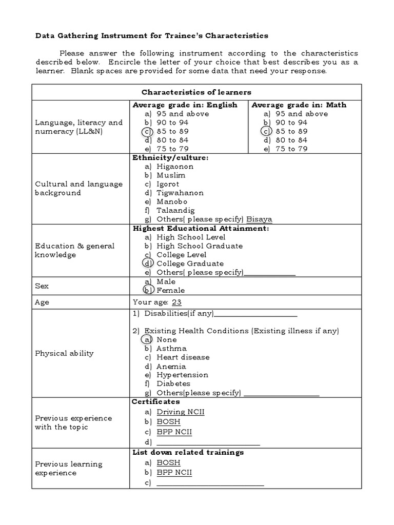 Data Gathering Instrument For Trainee's Characteristics | Download Free ...