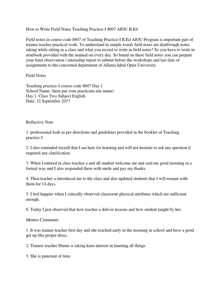 How To Write Field Notes Teaching Practice-I 8607 AIOU B.Ed | PDF ...