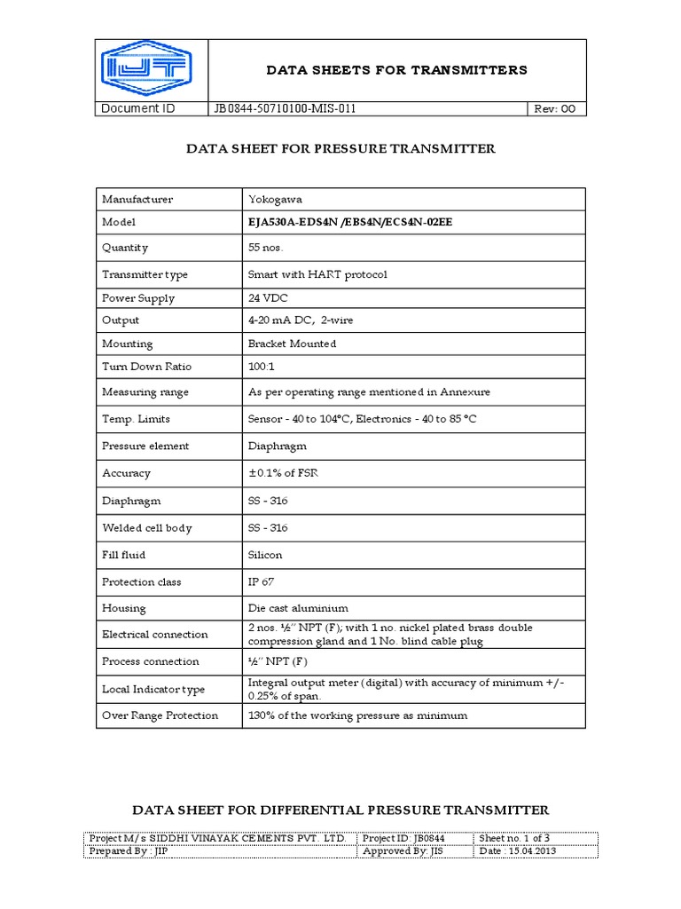 Data Sheets For Transmitters: Document ID JB0844-50710100-MIS-011 | PDF ...