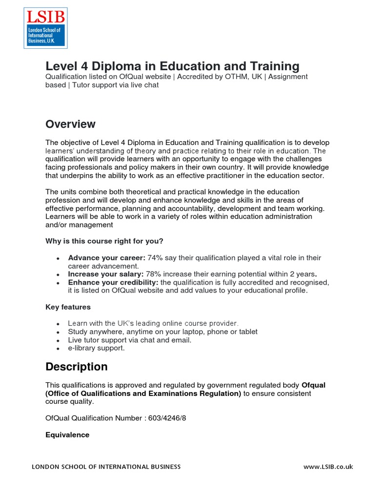 Level 4 Diploma in Education and Training: Description | PDF | Academic ...