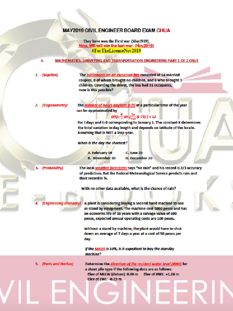 May 2019 Ce Board Exam Math Part1of2 (Chua) | PDF