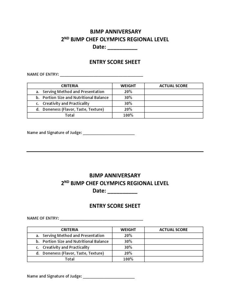 Entries Score Sheet (Judge) | PDF