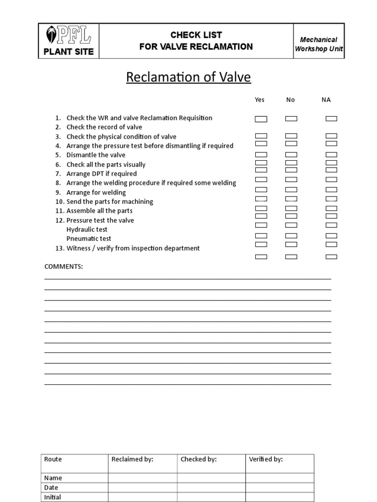 Valve Reclamation Check List | PDF | Technology & Engineering
