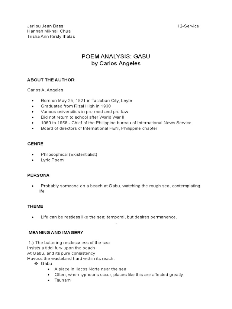 Poem Analysis: Gabu by Carlos Angeles: Jerilou Jean Bass 12-Service ...