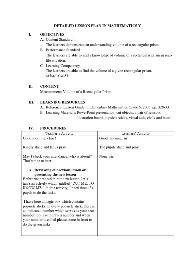 Detailed Lesson Plan in Mathematics V I. Objectives: M5Me-Ivd-81 ...