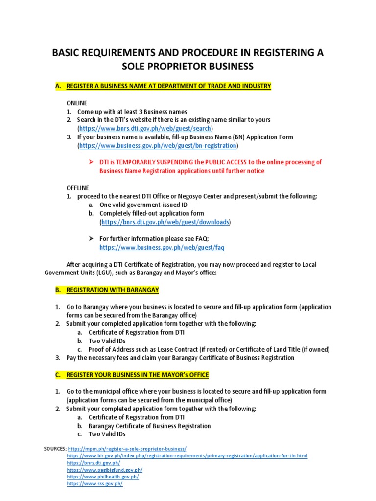 Basic Requirements and Procedure in Registering A Sole Proprietor Business | PDF | Sole ...