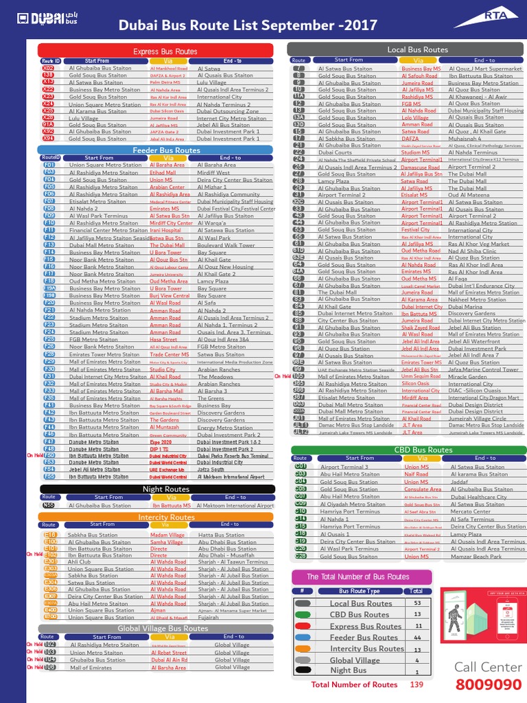 Dubai Bus Route List September - 2017: Call Center | PDF | Dubai ...