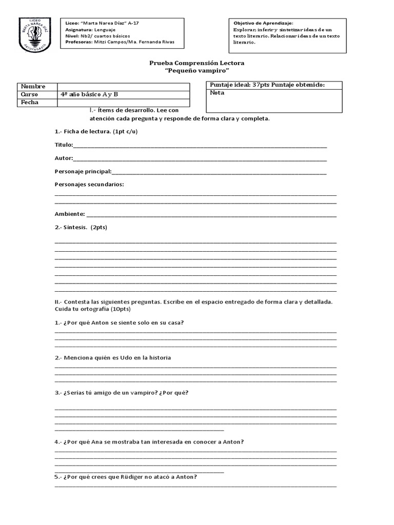 314176719 Prueba Comprension Lectora El Pequeno Vampiro