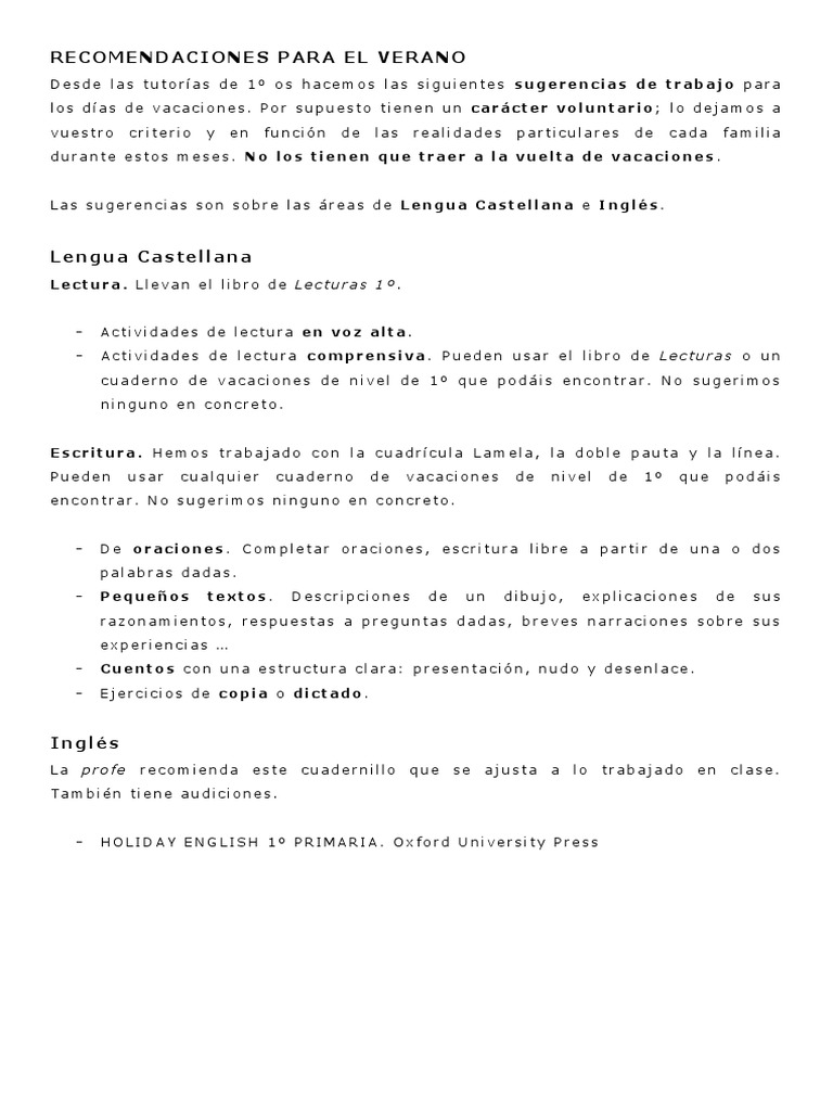 Sugerencias de Verano para 1º Primaria | PDF