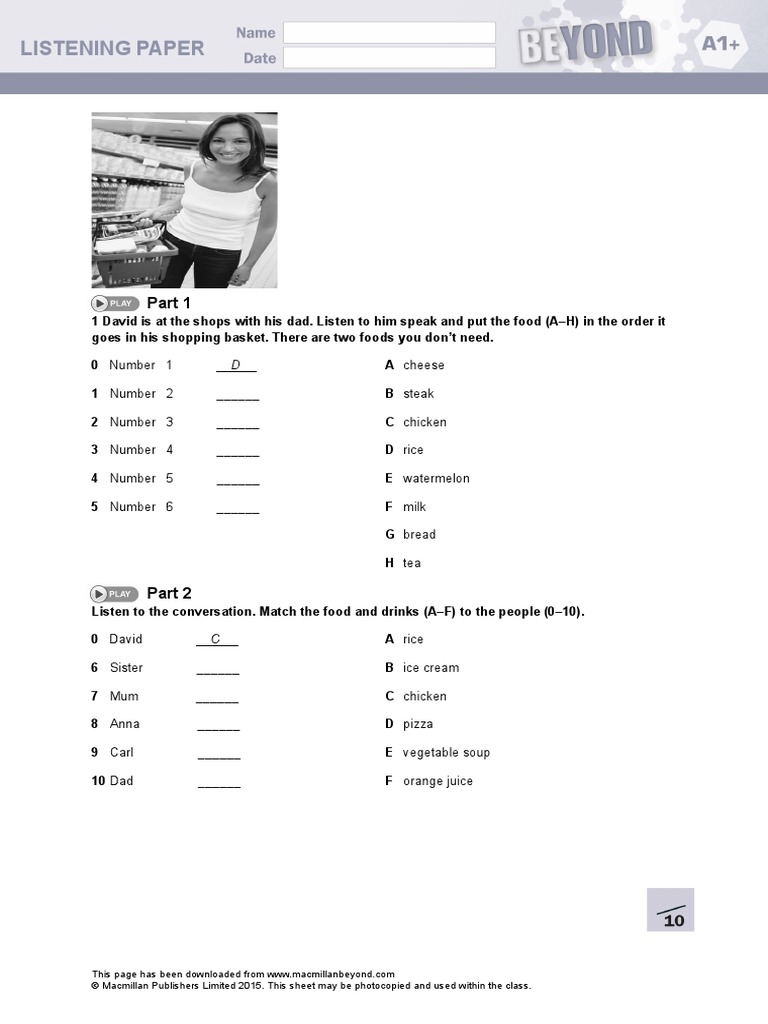 Bey A1plus Unit6Test ListeningPaper | PDF