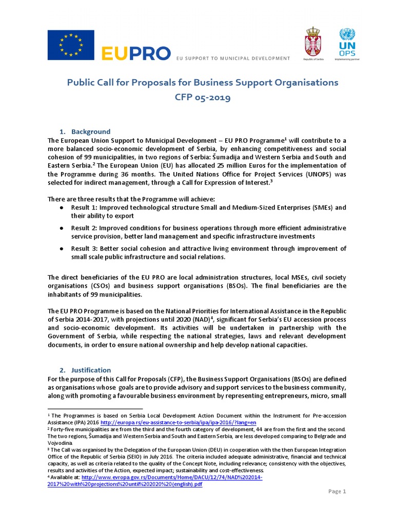Public Call For Proposals For Business Support Organisations CFP 05-2019 | PDF | European Union ...