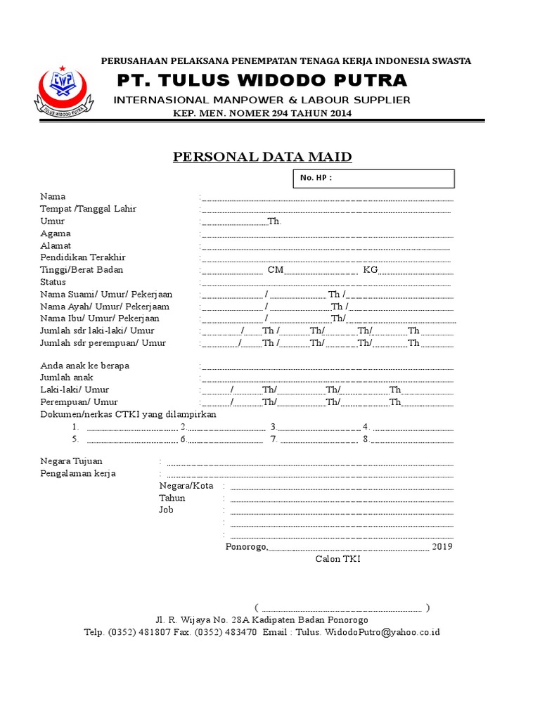 Formulir PT Tulus Widodo | PDF