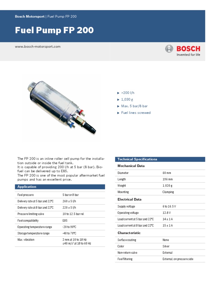 Fuel Pump Bosch 0 580 254 044 Data Sheet PDF | Download Free PDF ...
