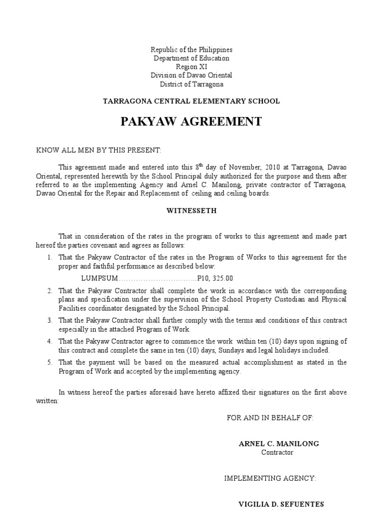 Pakyaw Agreement Between Tarragona Central Elementary School and Arnel ...