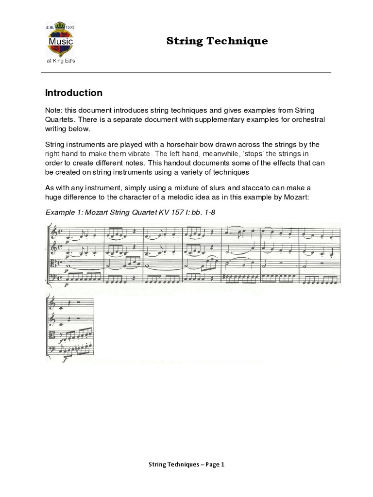 String Technique: Example 1: Mozart String Quartet KV 157 I: Bb. 1-8 ...