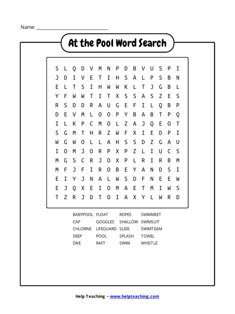 At The Pool Word Search: Name | PDF
