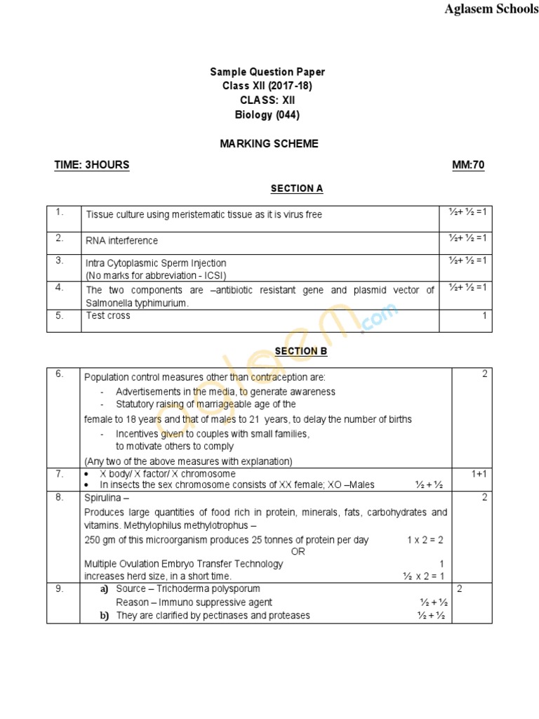 Sample Question Paper Class XII (2017-18) Class: Xii Biology (044 ...