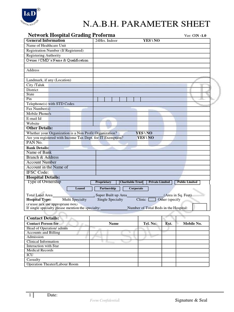 N.A.B.H. Parameter Sheet: Network Hospital Grading Proforma | PDF ...