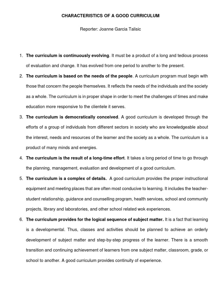 Characteristics of A Good Curriculum | PDF | Curriculum | Education Theory