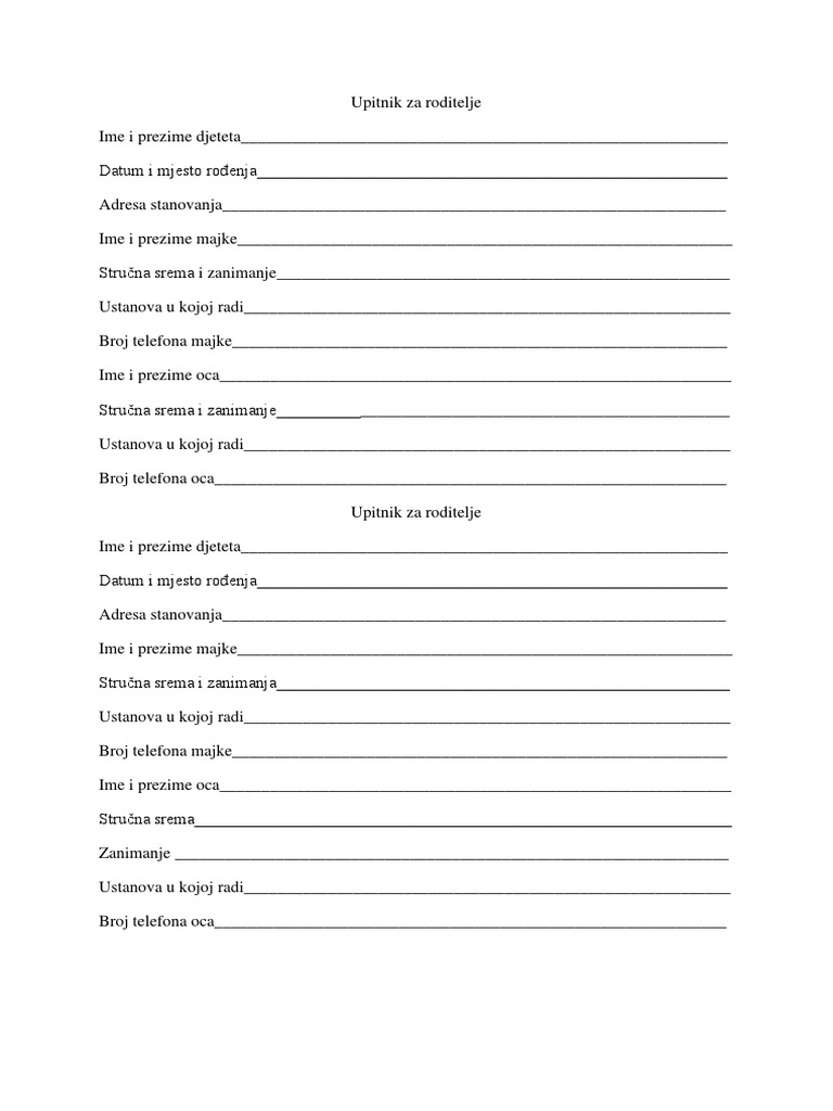 Upitnik Za Roditelje VRTIC | PDF