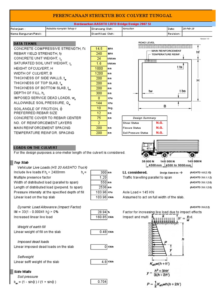 Box Culvert Design Summary | PDF | Structural Load | Pressure