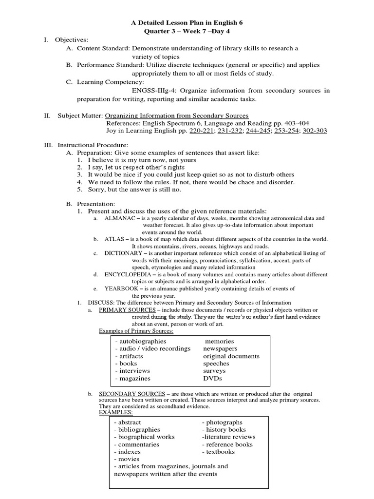 A Detailed Lesson Plan in English 6 DAY 3 and DAY 4 | PDF | Primary ...