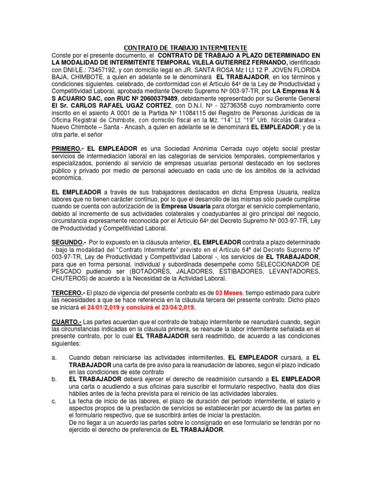 Contrato de Trabajo Intermitente | PDF | Derecho laboral | Business