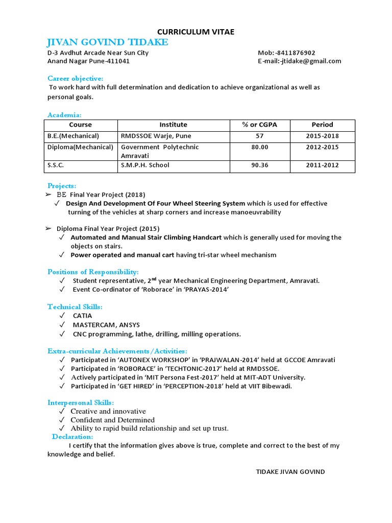 Jivan Govind Tidake: Curriculum Vitae | PDF