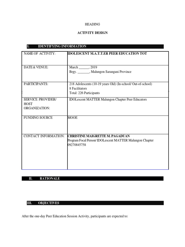 I. Identifying Information: Activity Design | PDF | Human Development ...
