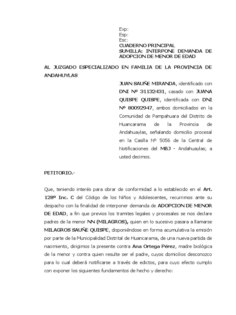 Modelo de Demanda de Adopcion | PDF | Adopción | Demanda judicial