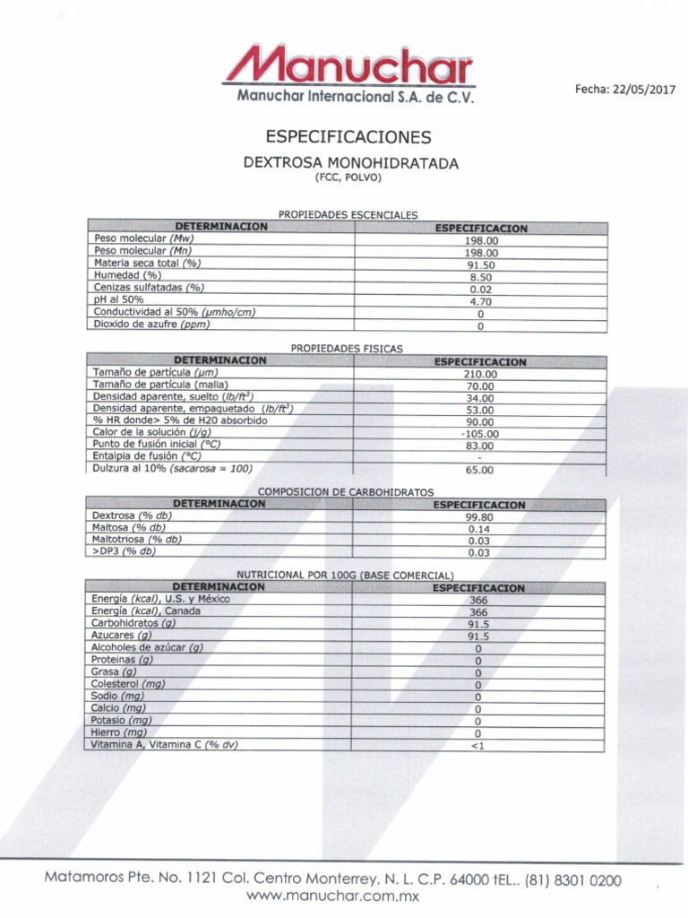 Esp 1107 Dextrosa Cerelose Monohidrato Roquette Completa | PDF