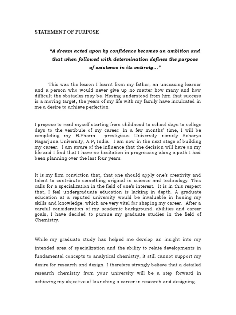 Sample SOP Pharmacy - Chemistry | PDF | Pharmacology | Graduate School