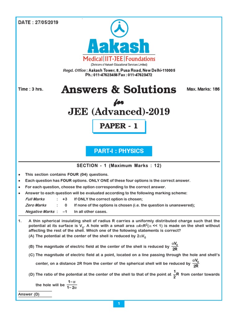 Answers & Solutions: JEE (Advanced) - 2019 | PDF | Lens (Optics ...