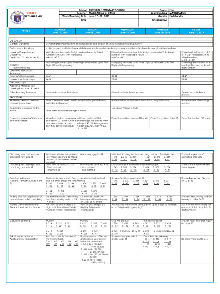 Grade 4 Math Lesson Plan: Multiplication & Division | PDF ...