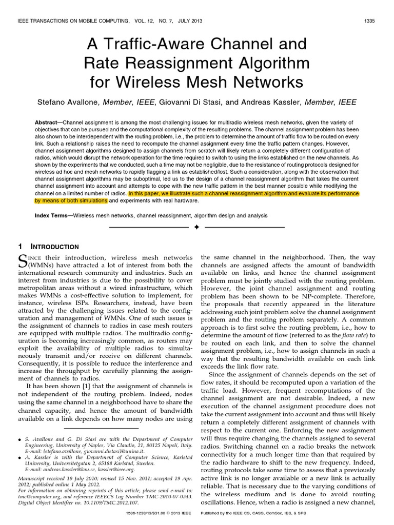 A Traffic-Aware Channel and Rate Reassignment Algorithm For Wireless Mesh Networks | PDF ...