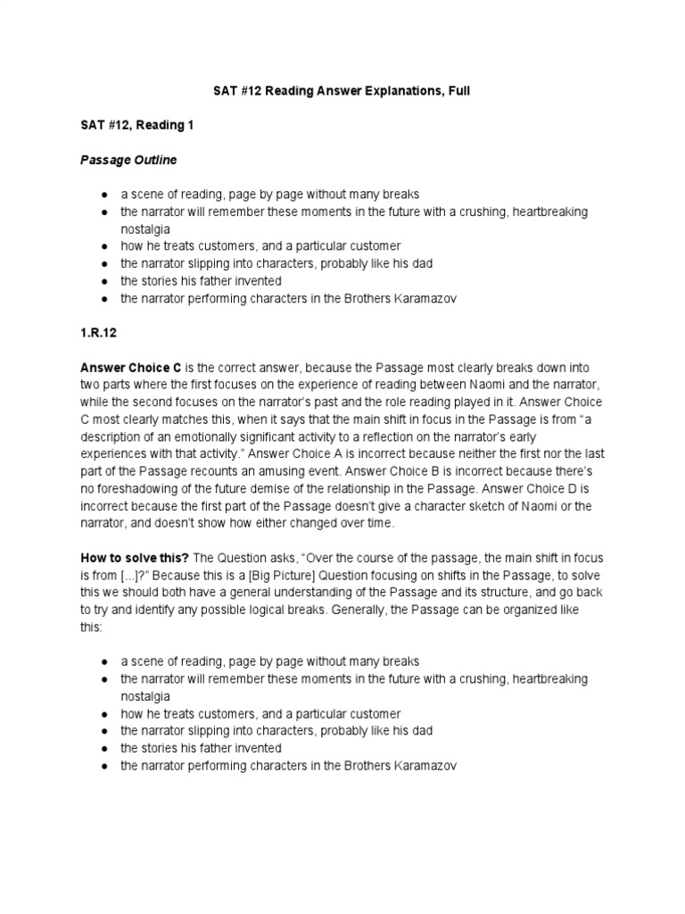 SAT #12 Reading Answer Explanations, Full | PDF | Question | Narration
