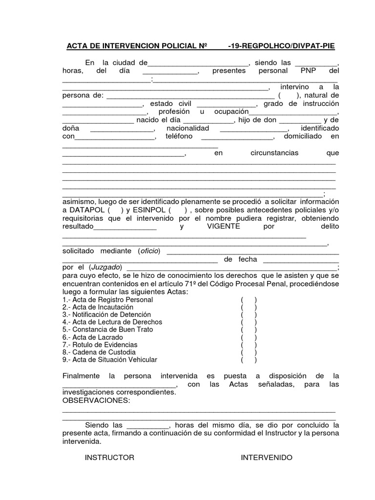 Formato Actas Intervencion | Descargar gratis PDF | Derecho penal | Información del gobierno