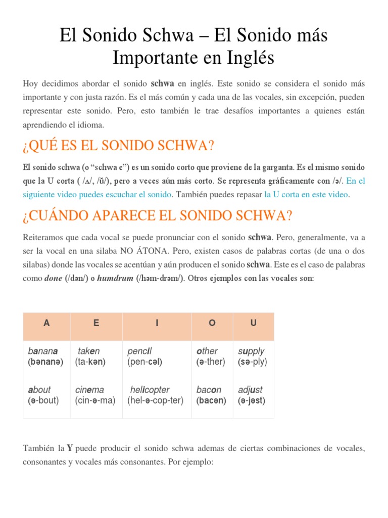 El Sonido Schwa en Inglés: Guía Esencial | PDF | Vocal | Palabra