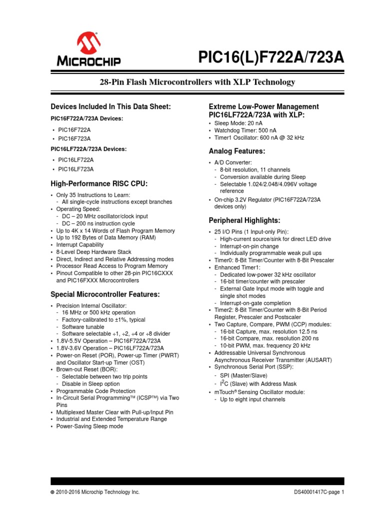 Pic16 L F722a 723a 28 Pin Flash Microcontrollers With Xlp Technology