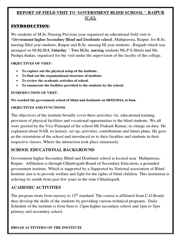 Report of Field Visit To Government Blind School '. Raipur (C.G ...