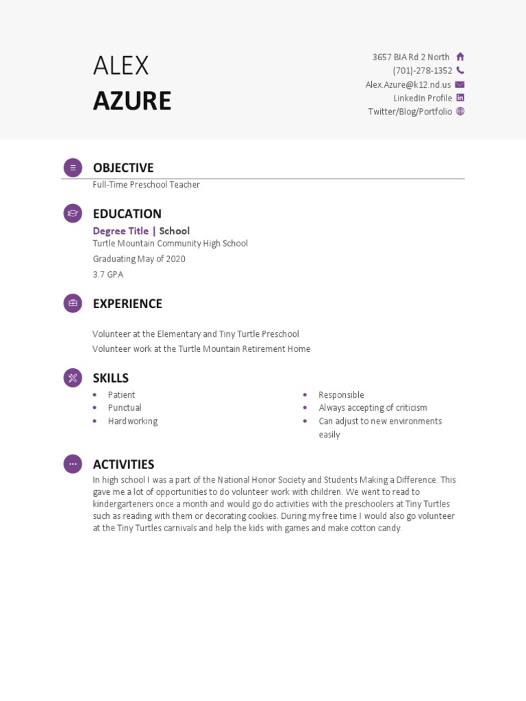 Preschool Teacher Resume: Alex Azure | PDF