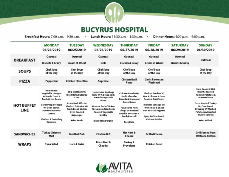 Bucyrus Hospital Cafeteria Menu - Week of June 24, 2019 | PDF ...
