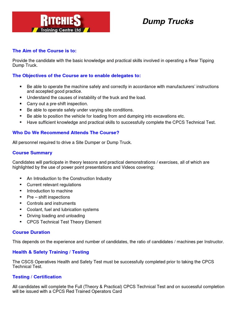 Dump - Trucks Course Outline | PDF