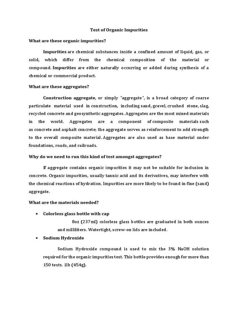 Organic Impurities Test for Aggregates | PDF | Construction Aggregate ...
