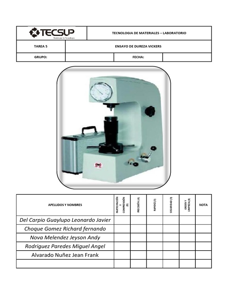 Ensayo de dureza Vickers: Determinación de la dureza de diferentes ...