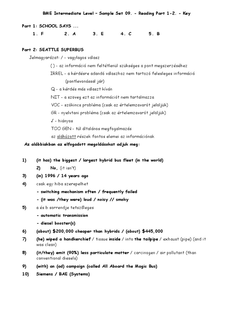 09 BME Intermediate Level - Reading Part 1 & 2 - Key | PDF